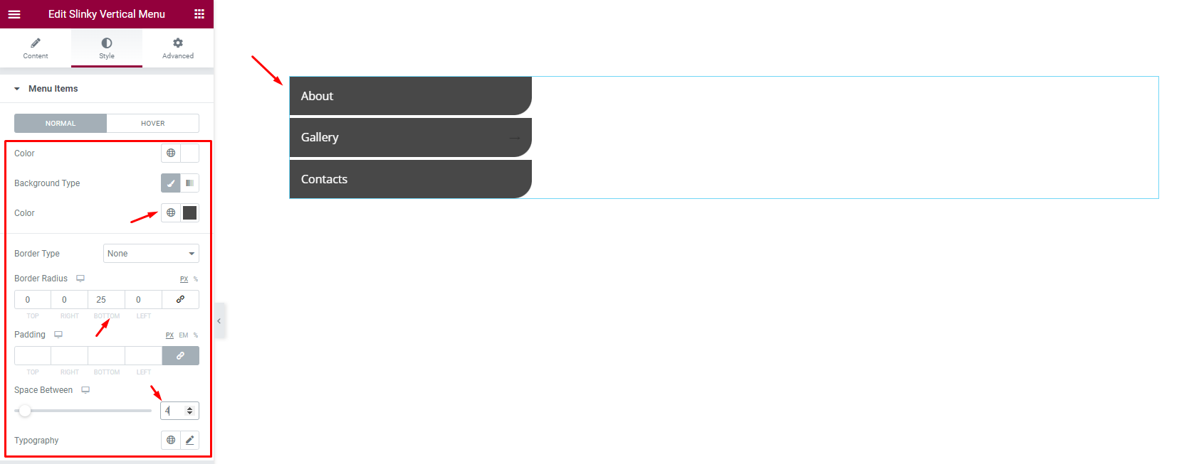How to use Slinky Vertical Menu widget by Element Pack