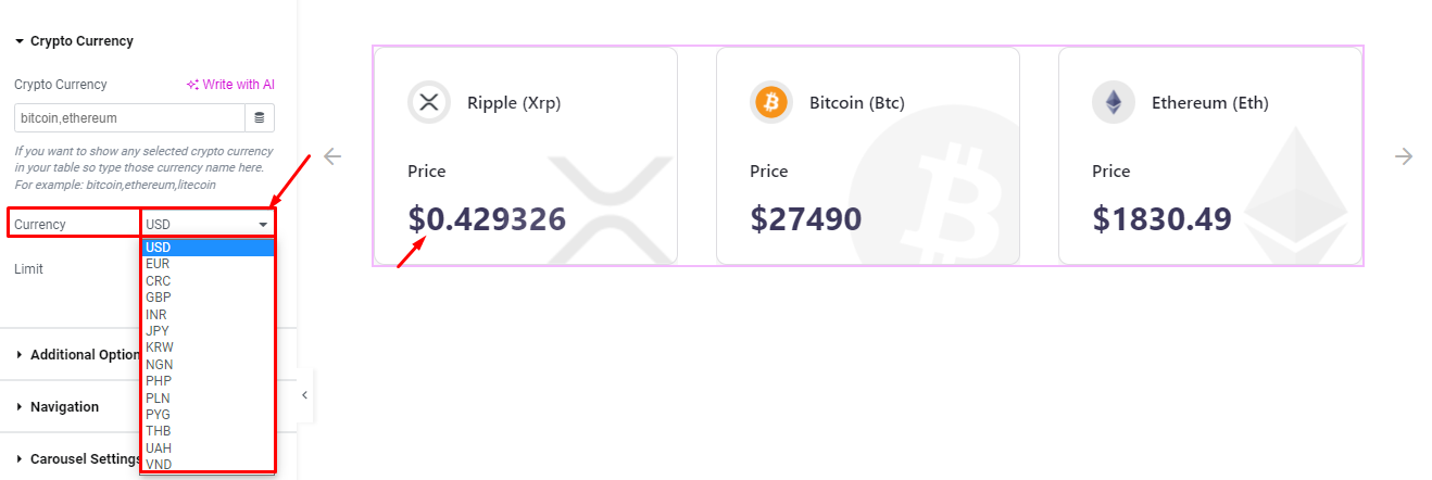 How to use Crypto Currency Carousel widget