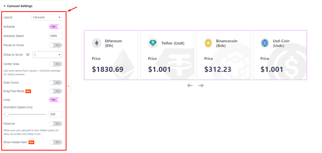 How to use Crypto Currency Carousel widget