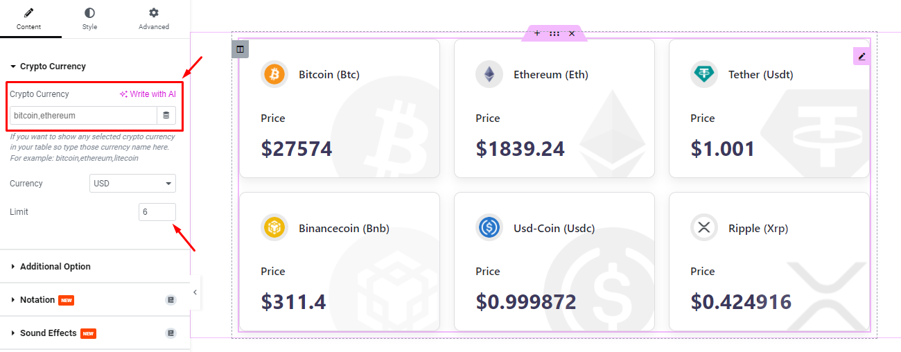 How to use Crypto Currency Grid widget