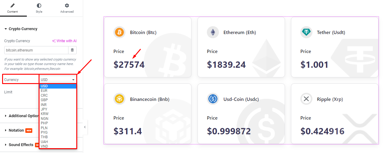 How to use Crypto Currency Grid widget