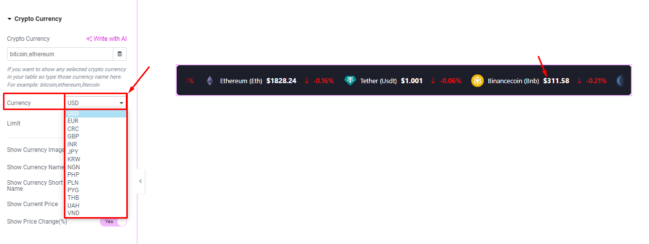 How to use Crypto Currency Ticker widget